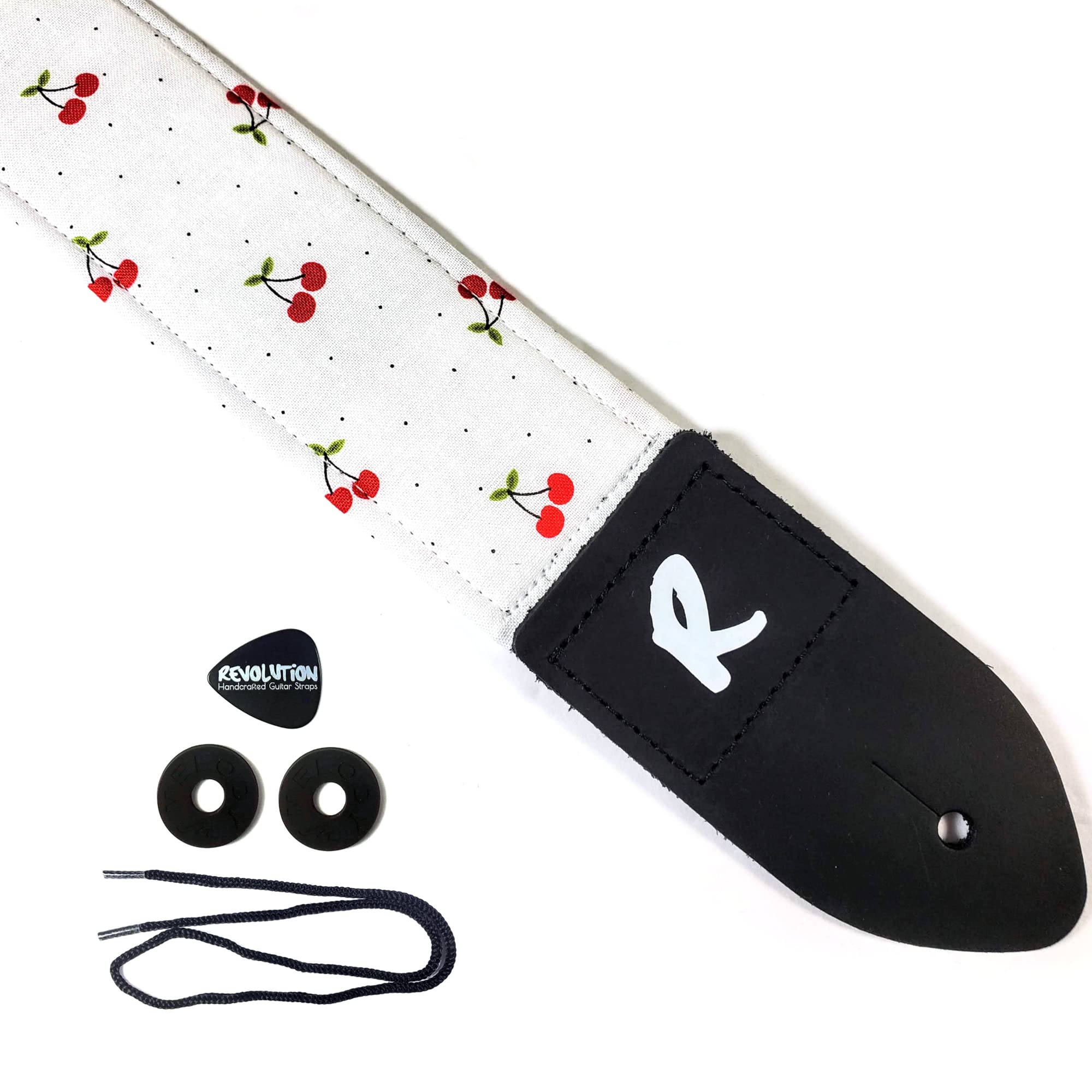 Cherry Guitar Strap, Cherries on White, Genuine Leather Ends, Includes 2 Strap Locks & 1 Pick. Adjustable Strap, Pick Pocket, For Bass, Electric & Acoustic Guitars Gift for Guitar Players, Women & Kid