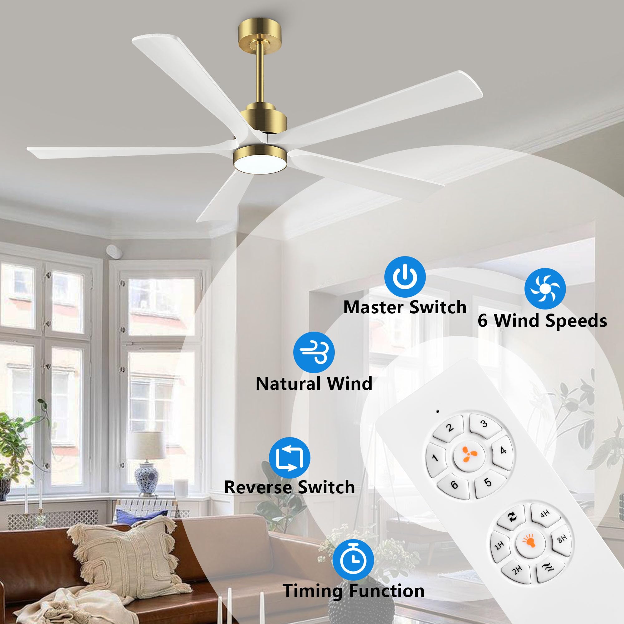 ELEHINSER 60" Modern Ceiling Fan with Lights and Remote Control, 5 Solid Wood Blades 6-Speed Noiseless Reversible DC Motor, Ceiling Fan for Bedroom Dinning Living Room, Gold Finish with White Blade