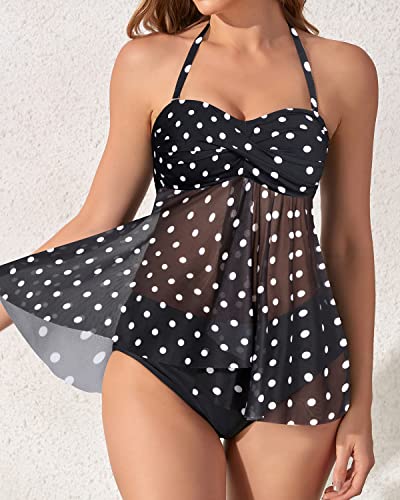 Tempt Me Womens Black Polka Dot Two Piece Bathing Suits Halter Bandeau Tankini Top Flyaway Swimsuit with Bottoms Tummy Control Swimwear L