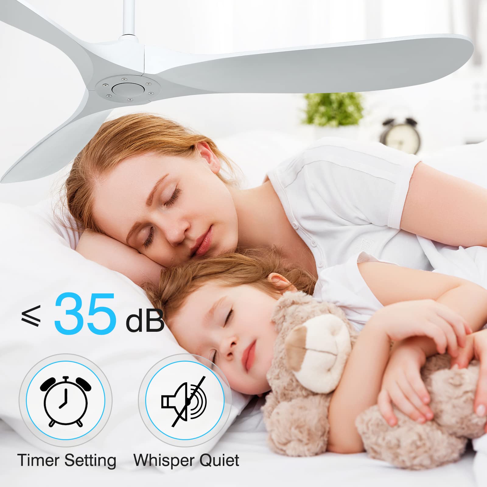 HUMHOLD 60" Wood Ceiling Fan no Lights with Remote, Reversible DC Motor 6-Speed Ceiling Fan, 3 Wood Fan Blades White Ceiling Fan Without Light, Modern Propeller Ceiling Fans for Bedroom/Living Room