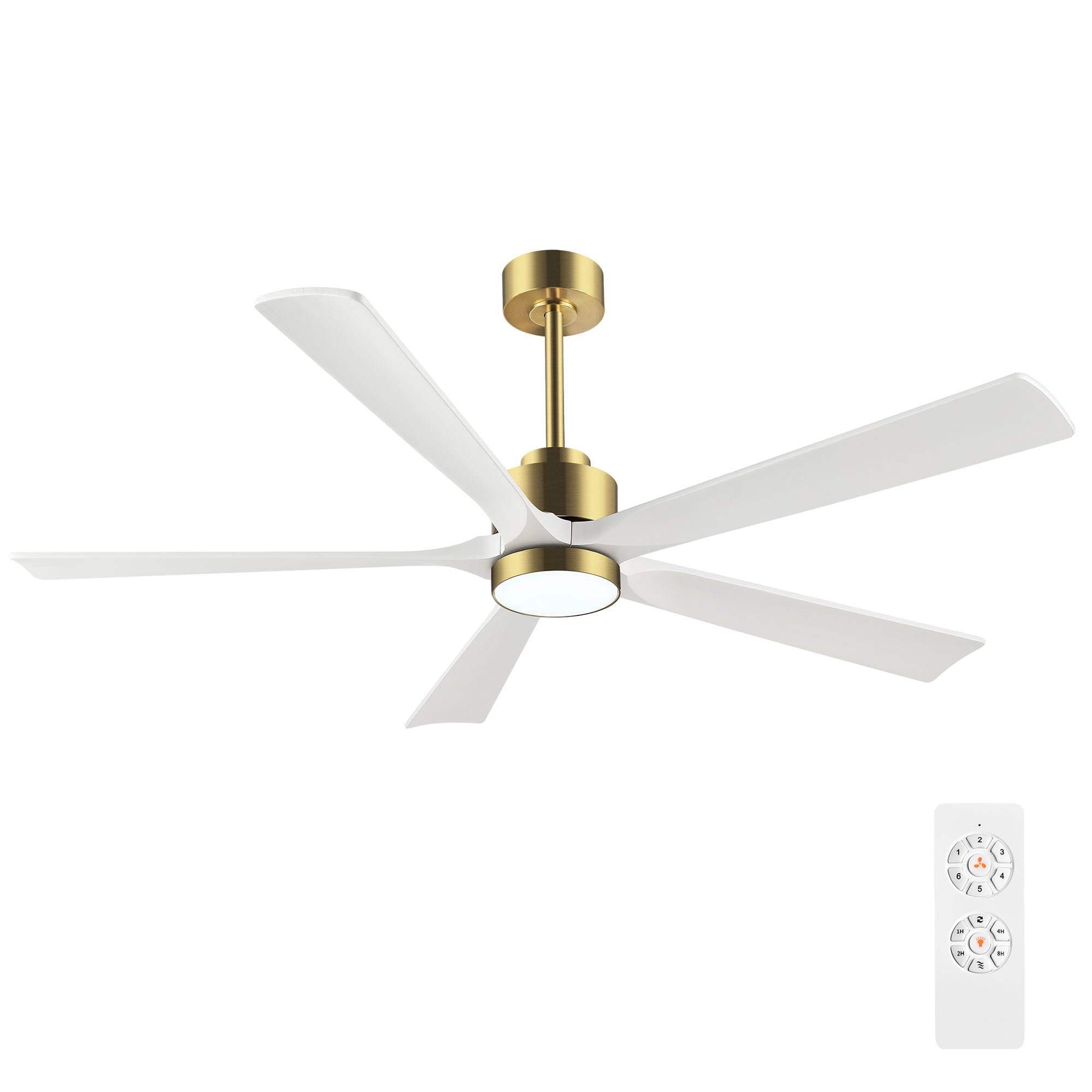 ELEHINSER 60" Modern Ceiling Fan with Lights and Remote Control, 5 Solid Wood Blades 6-Speed Noiseless Reversible DC Motor, Ceiling Fan for Bedroom Dinning Living Room, Gold Finish with White Blade