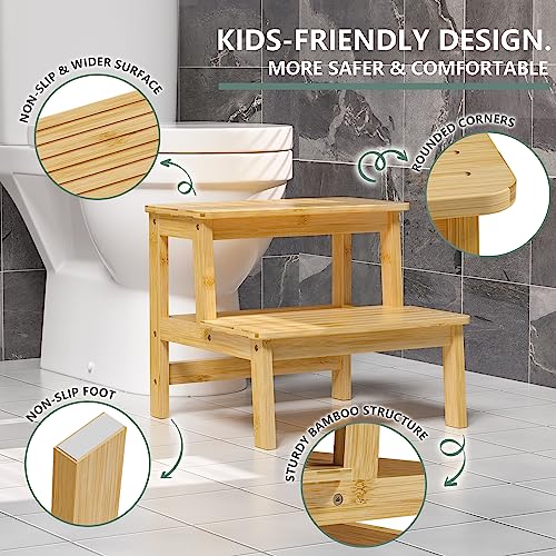 Domax Bamboo Wooden Step Stools for Kids - Toddler Step Stool for Bathroom Sink High Bed Toilet Kitchen Helper Wood Step Stool for Bedside for Adults Non-Slip Waterproof 2 Stepping Stool, Natural
