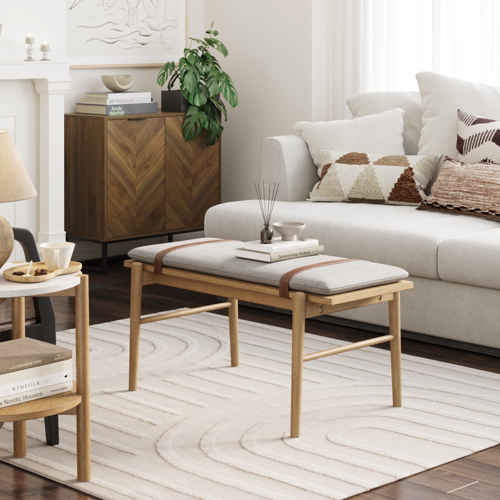 Nathan James Gugan Mid-Century Wooden Bench Seat, End of Bed Bench with Removable Fabric Cushion for Indoor Dining Room, Bedroom and Entryway, Light Brown/Ivory