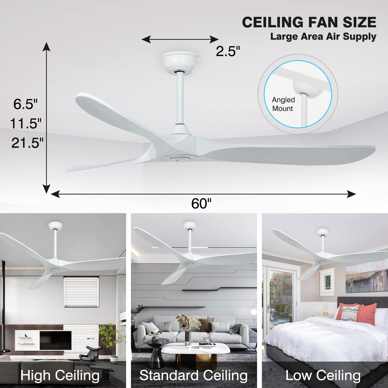 HUMHOLD 60" Wood Ceiling Fan no Lights with Remote, Reversible DC Motor 6-Speed Ceiling Fan, 3 Wood Fan Blades White Ceiling Fan Without Light, Modern Propeller Ceiling Fans for Bedroom/Living Room