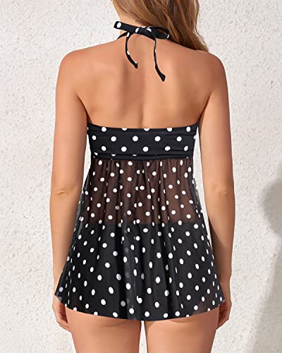 Tempt Me Womens Black Polka Dot Two Piece Bathing Suits Halter Bandeau Tankini Top Flyaway Swimsuit with Bottoms Tummy Control Swimwear L