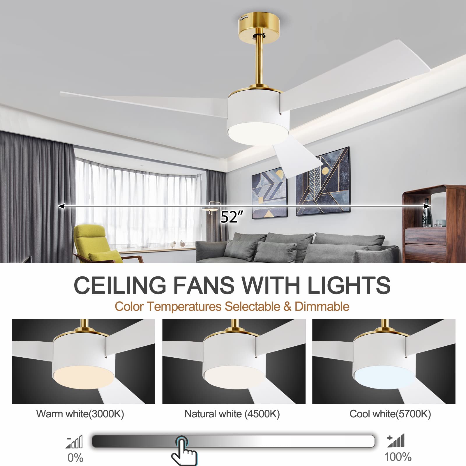 Fanliving 52 Inch Ceiling Fan with Lights Remote Control, Indoor Modern Ceiling Fan with High CFM Quiet DC Motor, 3 Blade White Gold Ceiling Fan for Bedroom Living & Dining Room