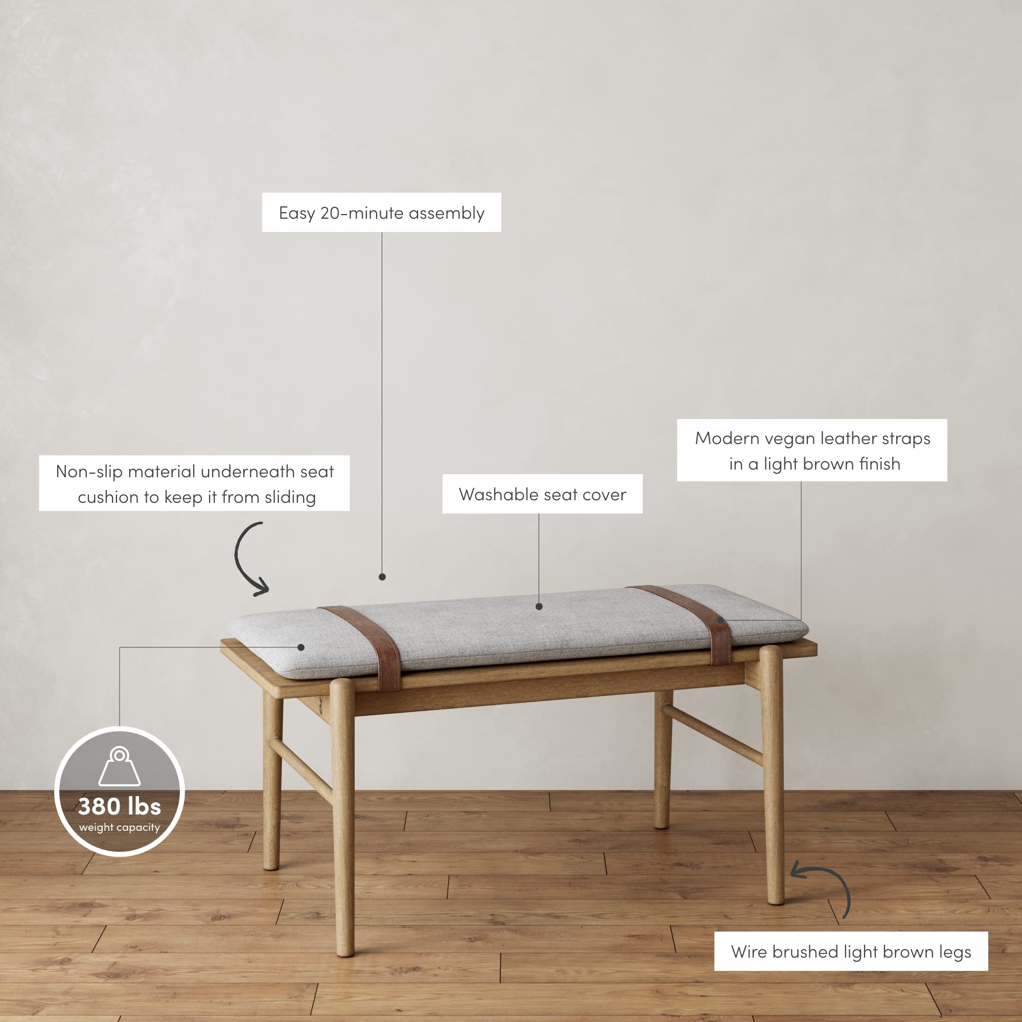 Nathan James Gugan Mid-Century Wooden Bench Seat, End of Bed Bench with Removable Fabric Cushion for Indoor Dining Room, Bedroom and Entryway, Light Brown/Ivory