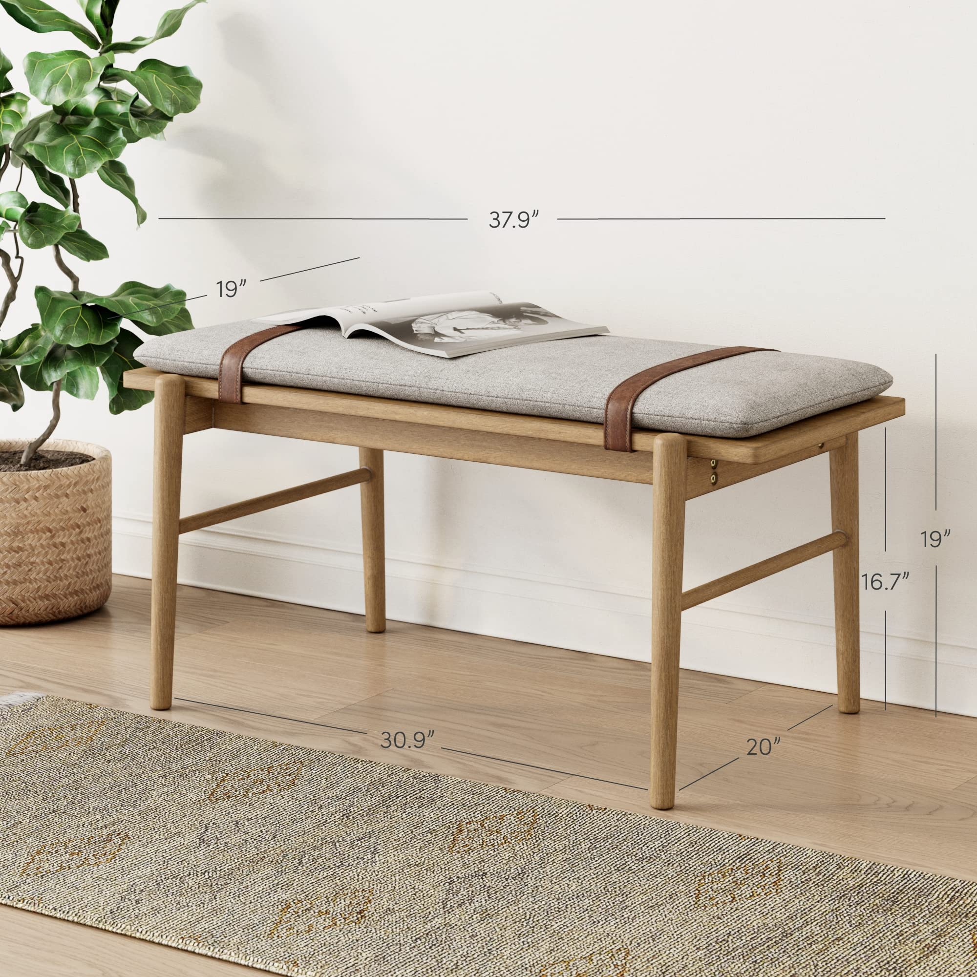 Nathan James Gugan Mid-Century Wooden Bench Seat, End of Bed Bench with Removable Fabric Cushion for Indoor Dining Room, Bedroom and Entryway, Light Brown/Ivory