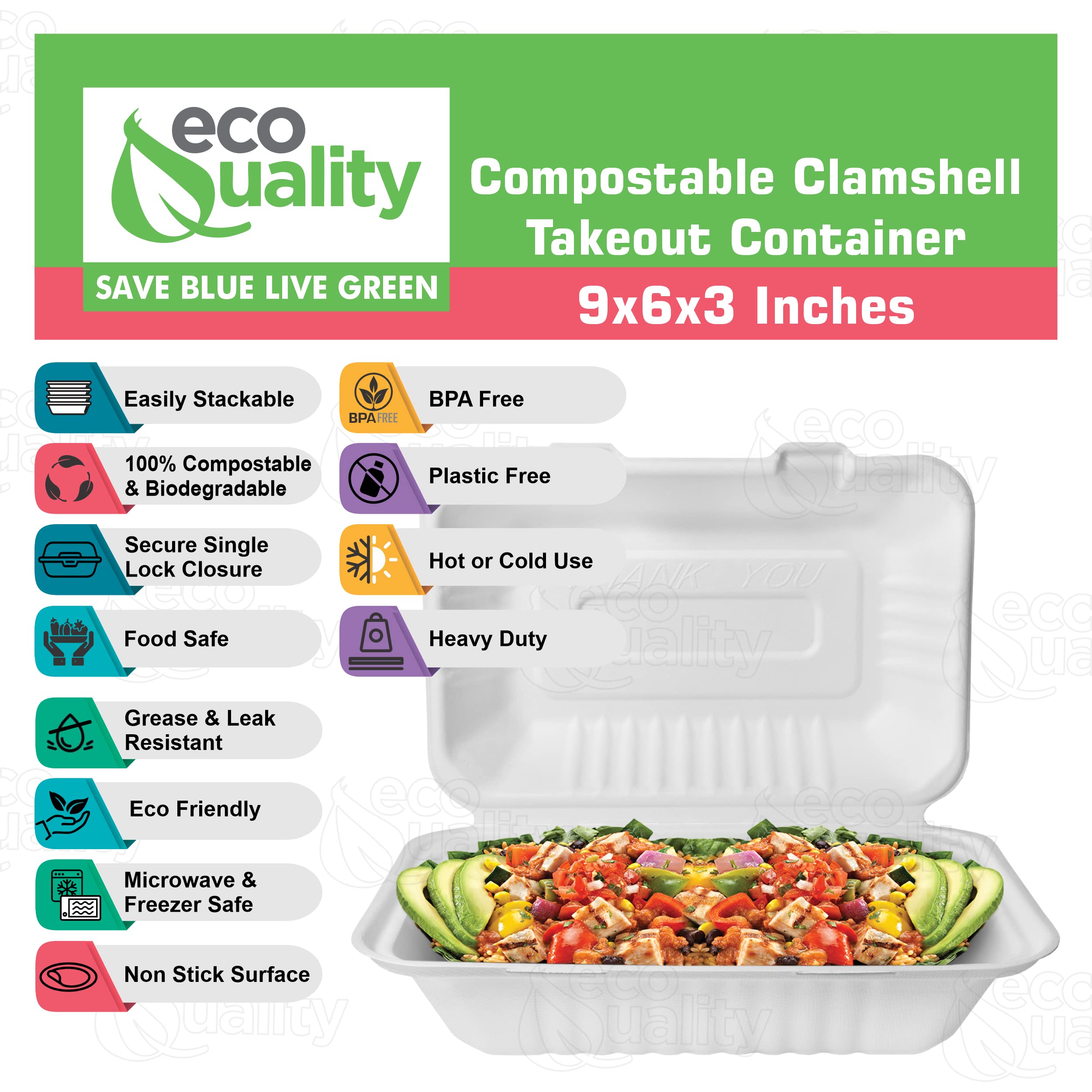Compostable Rectangular Hinged Clamshell Take Out Food Containers 9x6x3,Heavy Duty Quality Disposable to go Containers, Single Compartment Eco-Friendly Takeout Box, Restaurants, Food Trucks (25)