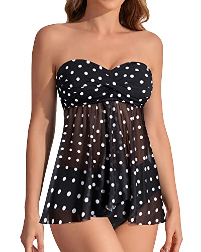 Tempt Me Womens Black Polka Dot Two Piece Bathing Suits Halter Bandeau Tankini Top Flyaway Swimsuit with Bottoms Tummy Control Swimwear L