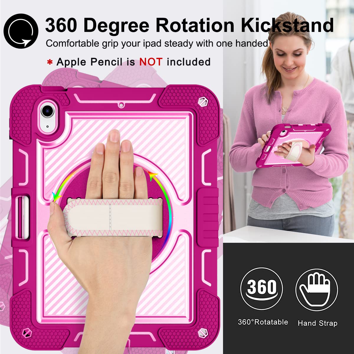 Hot Pink 10th Generation Case 2024 10.9 inch with Pencil Holder 10 Case Tablet Case New Gen 10 Case 2024 New 10.2 Case for Kids Girls 10.9 Inch 2024 Release