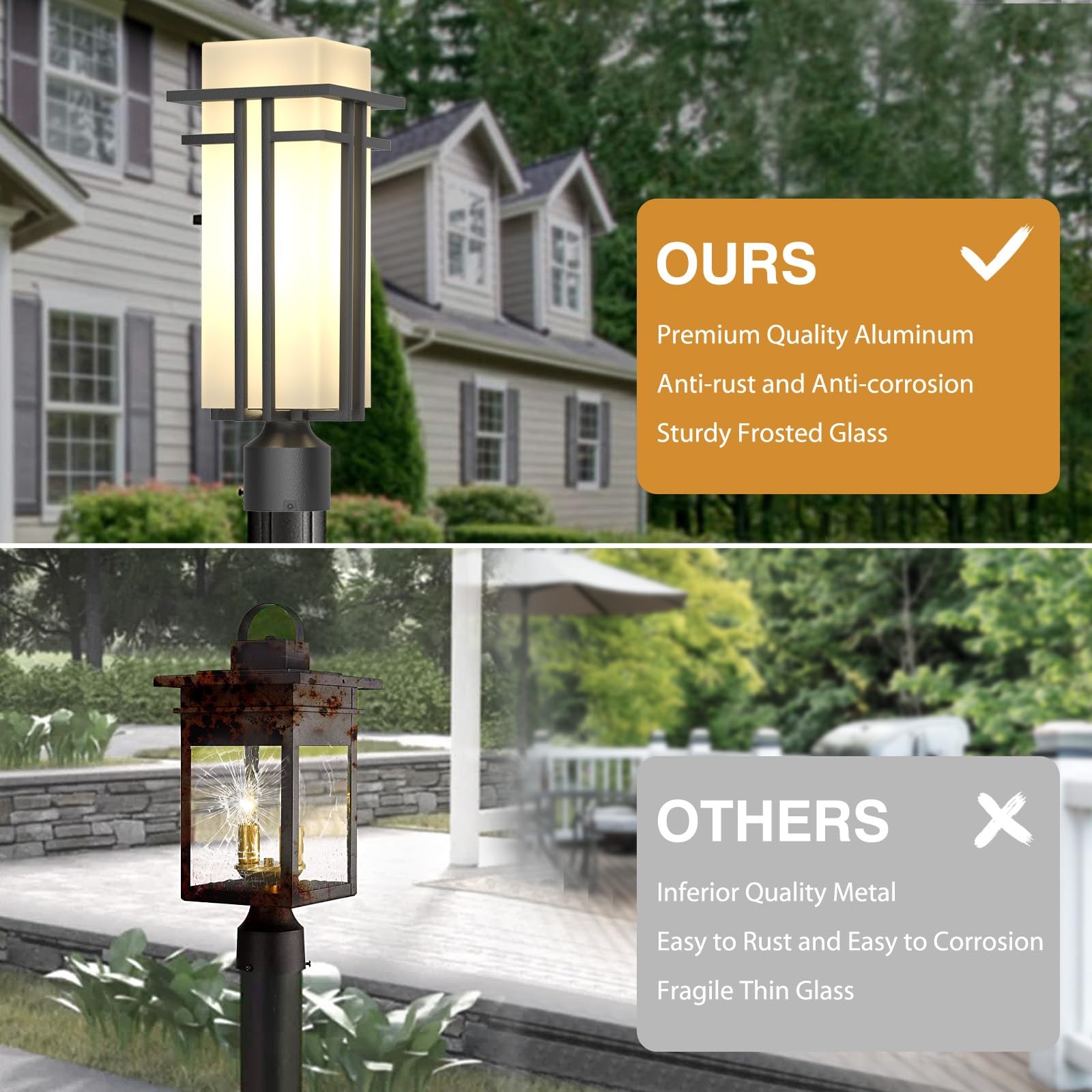 Yoenecea Outdoor Post Light Fixture - Aluminum Lamp Posts Outdoor Lighting, Outdoor Lightpost Lantern with 3-Inch Pier Mount Base Outside Pole Lighting for Porch Garnden (22''H, 1 pc)