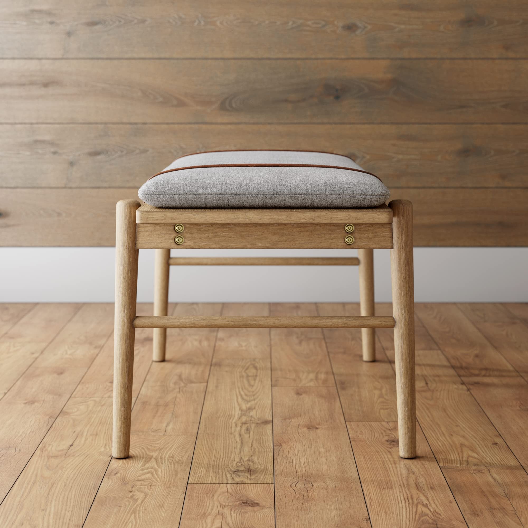 Nathan James Gugan Mid-Century Wooden Bench Seat, End of Bed Bench with Removable Fabric Cushion for Indoor Dining Room, Bedroom and Entryway, Light Brown/Ivory