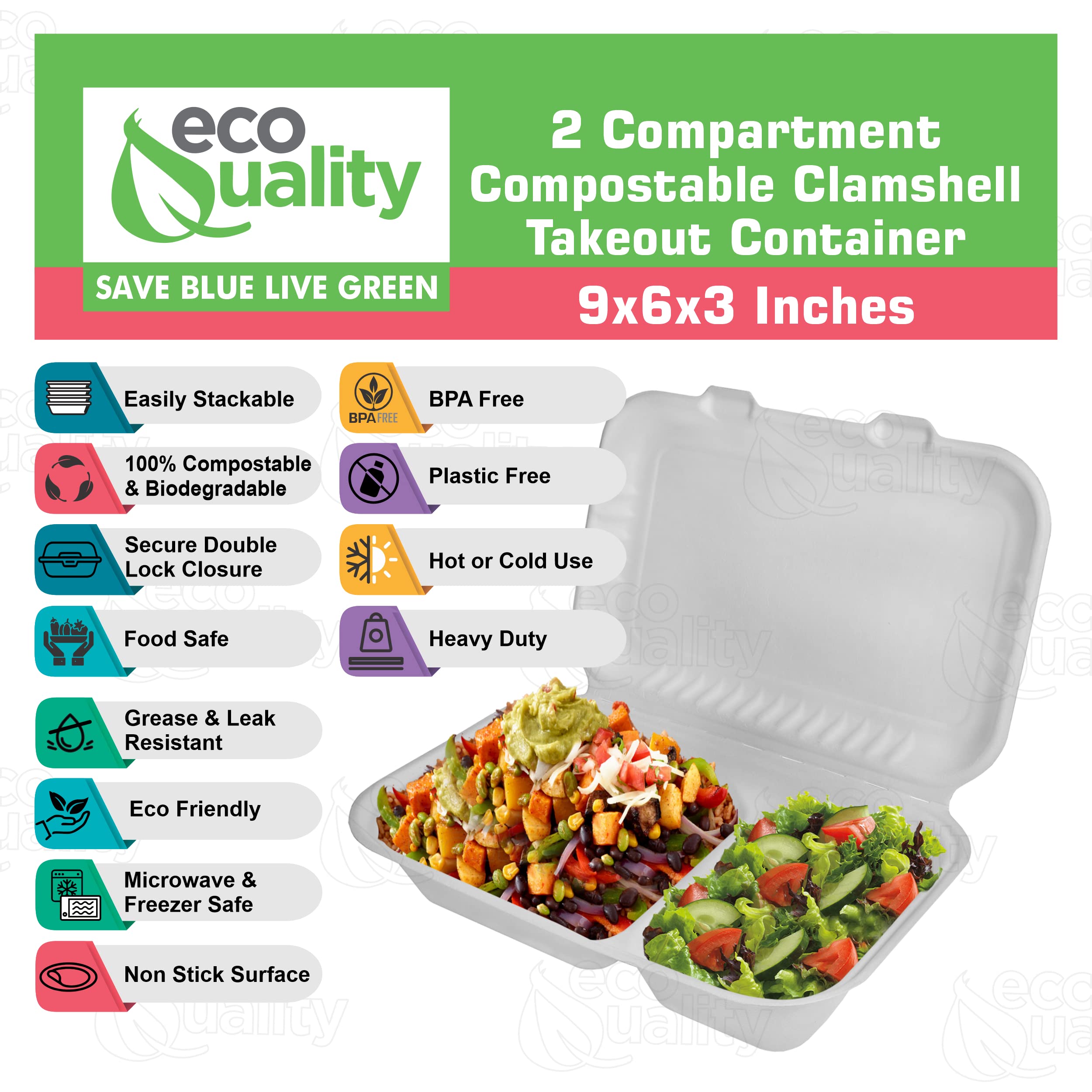 Compostable 2-Compartment Rectangular Hinged Clamshell Take Out Food Containers 9x6x3,Heavy Duty Quality Disposable to go Containers, Restaurants, Food Trucks (25)