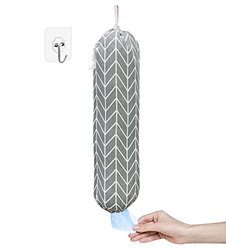 Plastic Bag Holder, Wall Mount Plastic Bag Organizer, Shopping Bags Carrier, Washable Large Grocery Bag Storage Dispenser for Home Kitchen Travelling, Free Adjustment with Drawstring, Gray, 22x9"