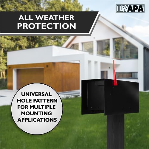Ilyapa Tab Design Mailbox, Ready to Post Mount - All Black Powder Coated Steel Heavy Duty Curbside Welded Mailbox, All Weather Durable & Corrosion Resistant, Stainless Steel Hinges & Magnetic Door