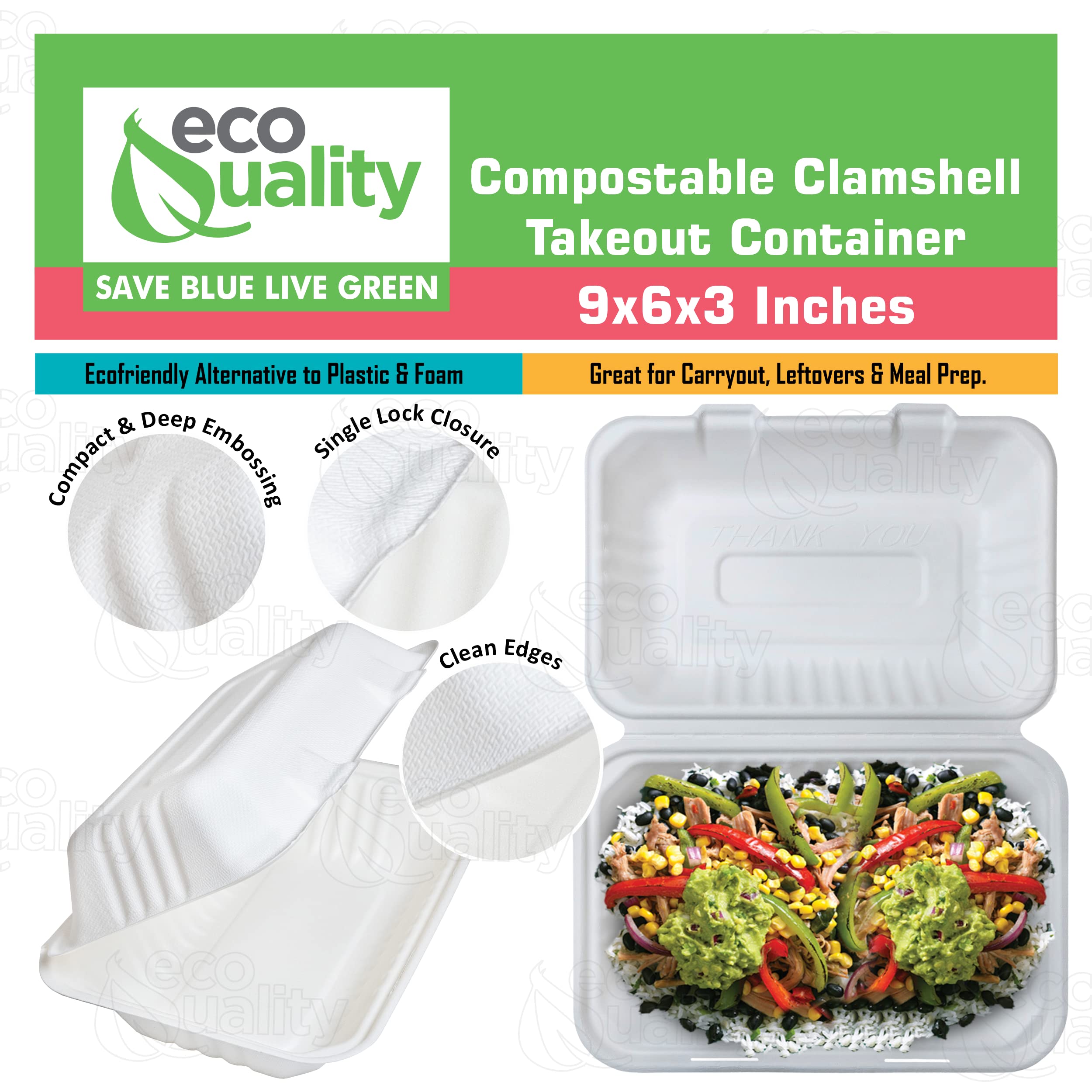 Compostable Rectangular Hinged Clamshell Take Out Food Containers 9x6x3,Heavy Duty Quality Disposable to go Containers, Single Compartment Eco-Friendly Takeout Box, Restaurants, Food Trucks (25)