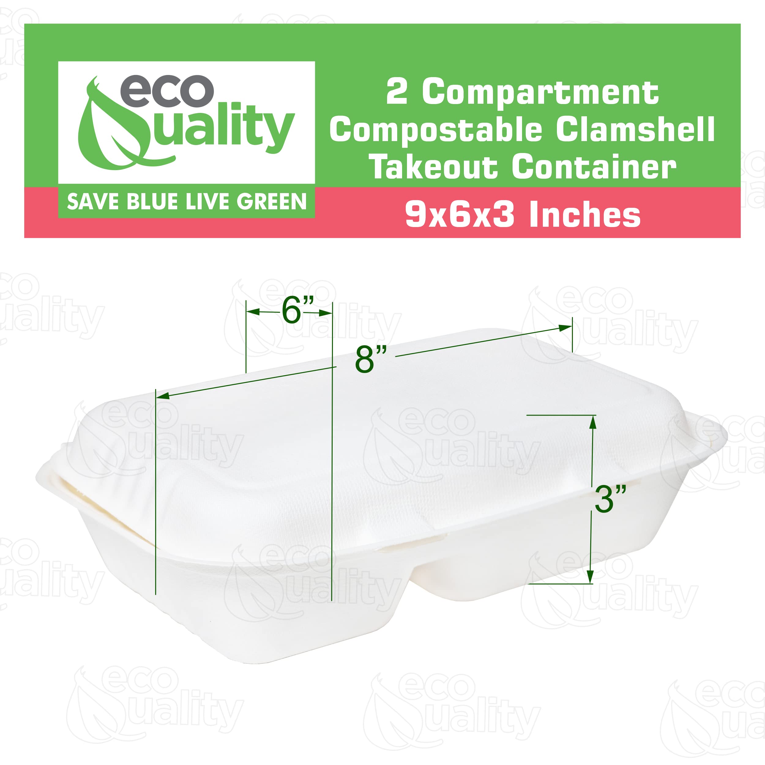 Compostable 2-Compartment Rectangular Hinged Clamshell Take Out Food Containers 9x6x3,Heavy Duty Quality Disposable to go Containers, Restaurants, Food Trucks (25)