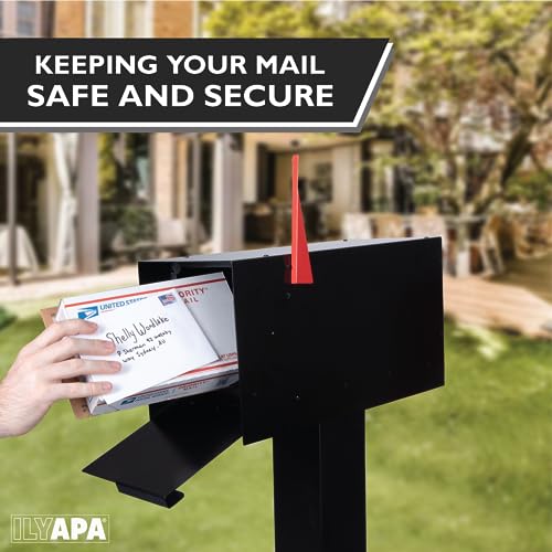 Ilyapa Tab Design Mailbox, Ready to Post Mount - All Black Powder Coated Steel Heavy Duty Curbside Welded Mailbox, All Weather Durable & Corrosion Resistant, Stainless Steel Hinges & Magnetic Door