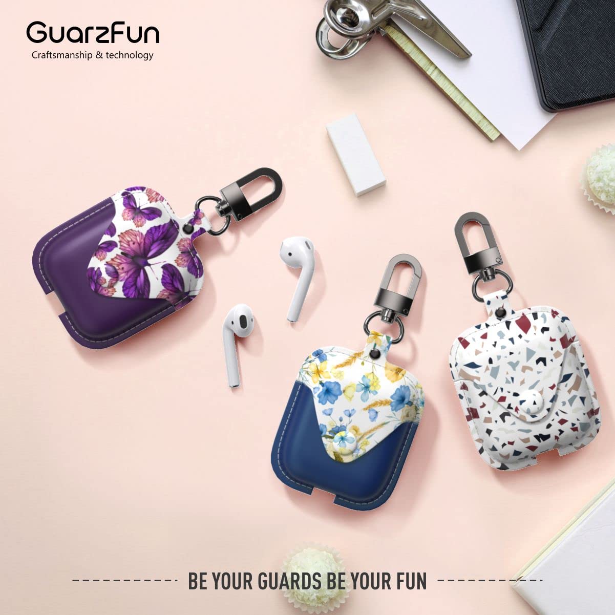 GuarzFun Leather AirPods 1st & 2nd case, AirPod case for Women Girls, AirPod Leather case with Secure snap Closure & Clip, Flower Leather AirPod case, Support Wireless Charging (Purple)