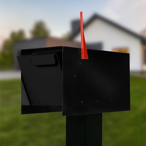Ilyapa Tab Design Mailbox, Ready to Post Mount - All Black Powder Coated Steel Heavy Duty Curbside Welded Mailbox, All Weather Durable & Corrosion Resistant, Stainless Steel Hinges & Magnetic Door