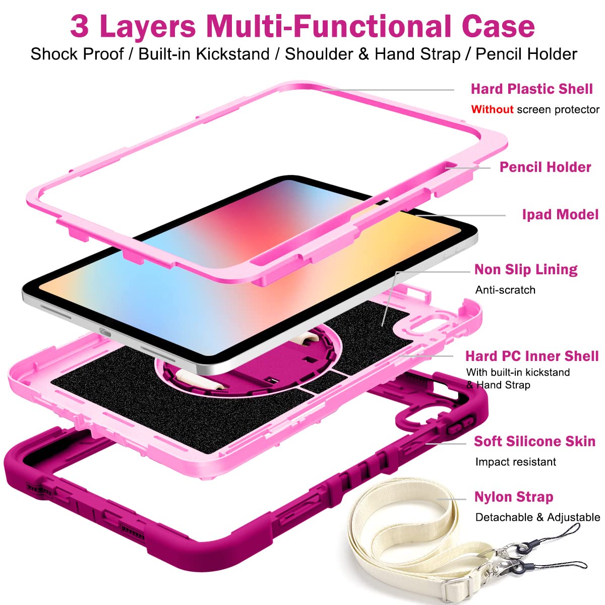 Hot Pink 10th Generation Case 2024 10.9 inch with Pencil Holder 10 Case Tablet Case New Gen 10 Case 2024 New 10.2 Case for Kids Girls 10.9 Inch 2024 Release