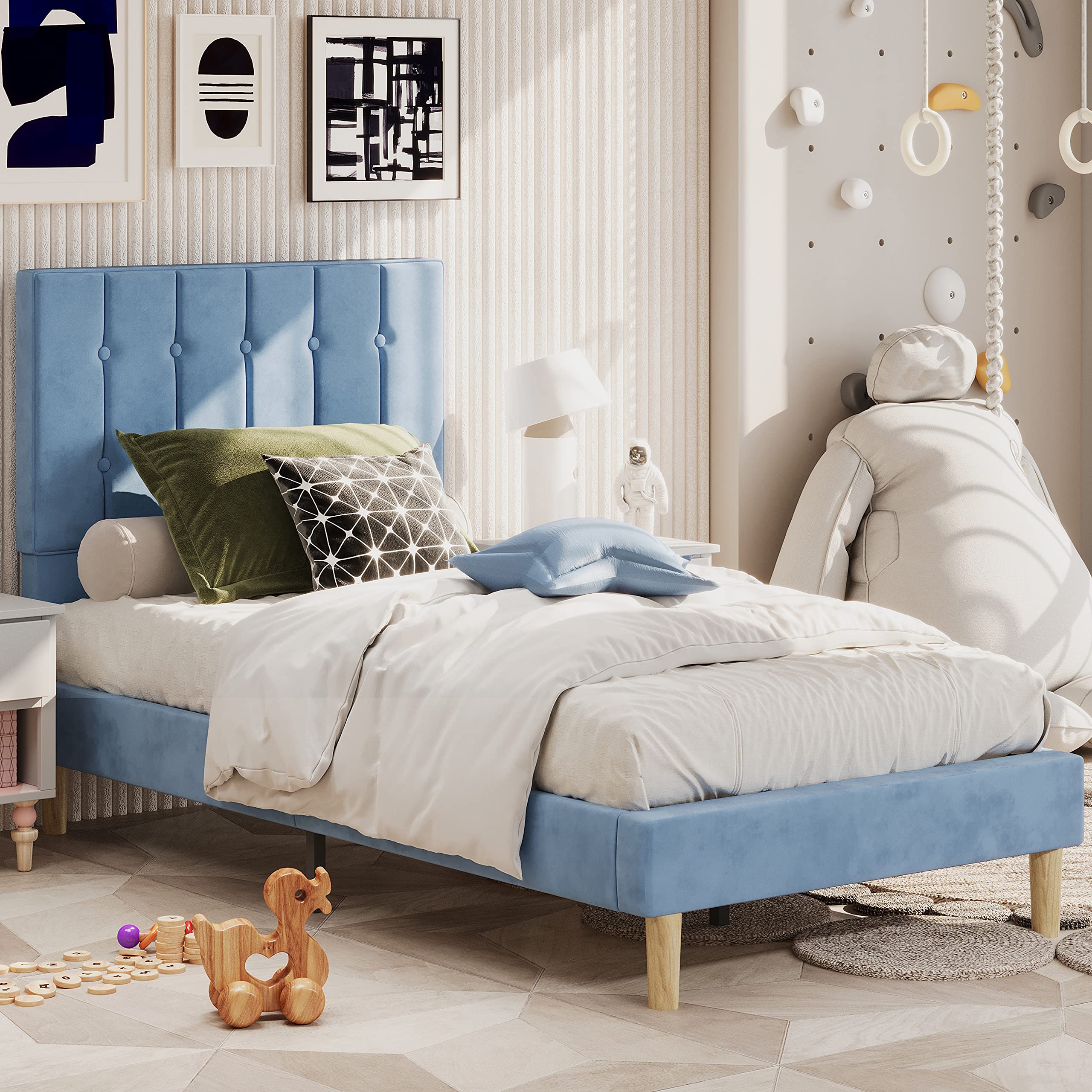 LIKIMIO Twin Bed Frames, Velvet Upholstered Platform Bed Frame with Headboard and Strong Wooden Slats, No Box Spring Needed/Noise-Free/Easy Assembly, Light Blue