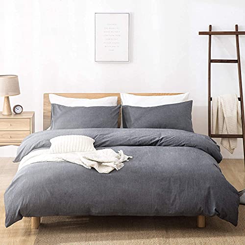 100% Washed Cotton Duvet Cover 3 Piece, Comforter Cover King Size, 400 Thread Count Solid Color and Ultra Soft with Zipper Closure, Corner Ties, Simple Bedding Style,Light Gray