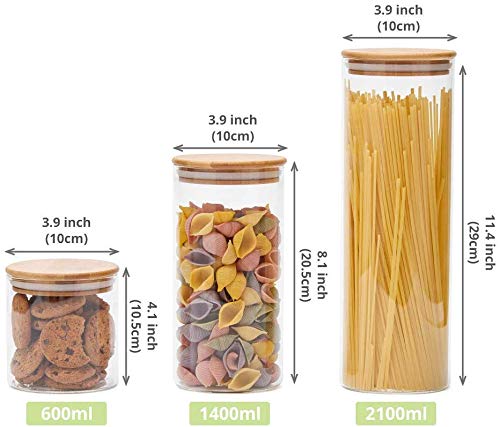 LEAVES AND TREES Y Stackable Kitchen Canisters Set, Pack of 5 Clear Glass Food Storage Jars Containers with Airtight Bamboo Lid for Candy, Cookie, Rice, Sugar, Flour, Pasta, Nuts