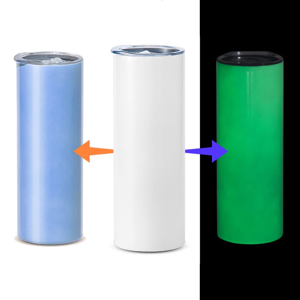 Gteller UV Change Color Sublimation Skinny Tumbler Glow In The Dark, Double Wall Stainless Steel Vacuum Insulated Slim Staight Travel Mug (Blue)