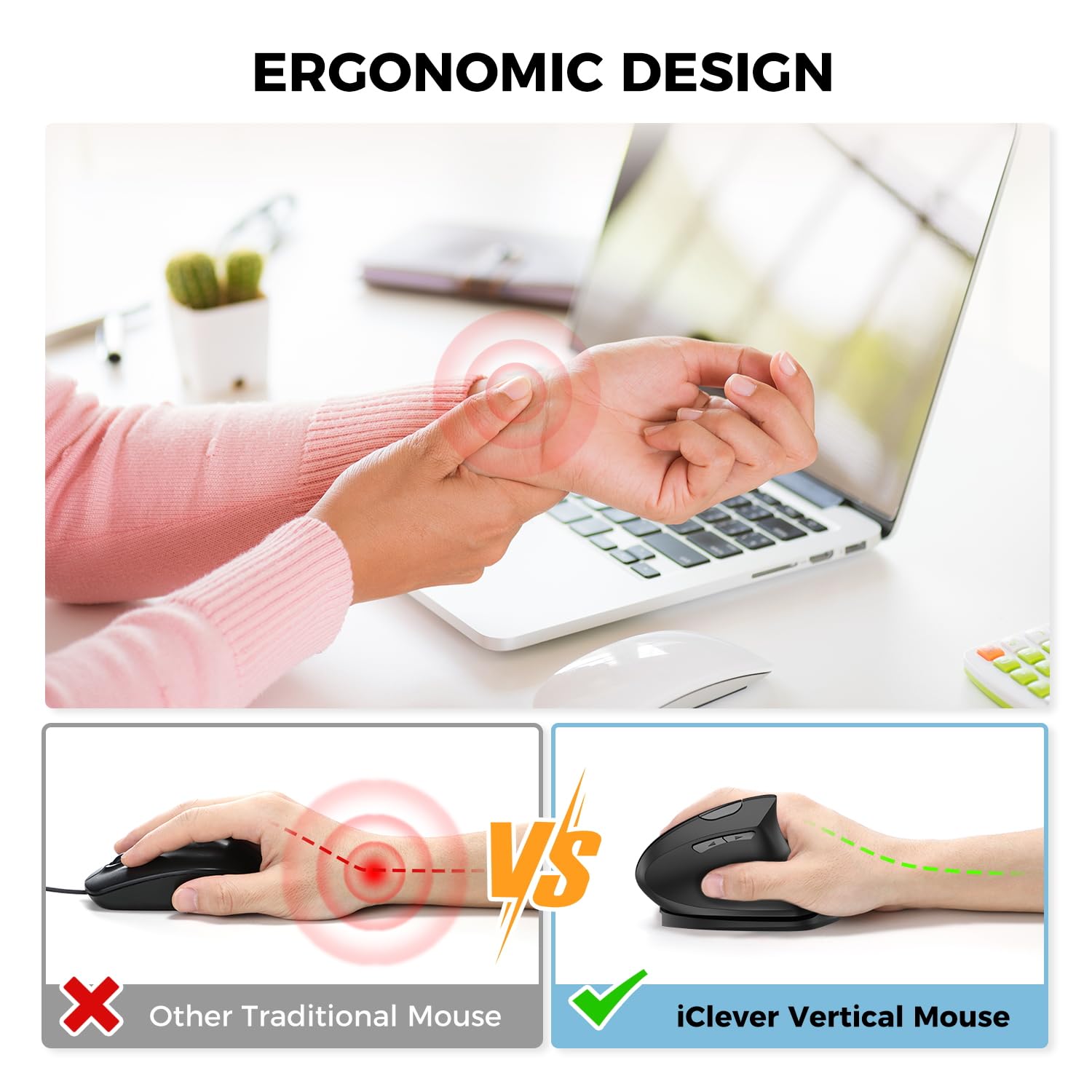 iClever Ergonomic Mouse, 2.4G Wireless Vertical Mouse with 4 Adjustable DPI, Silent Click, 7 Buttons, 3 Adjustable Tilt, Rechargeable Mouse Jiggler for Laptop, Desktop, PC, Computer, Windows 8/10/11