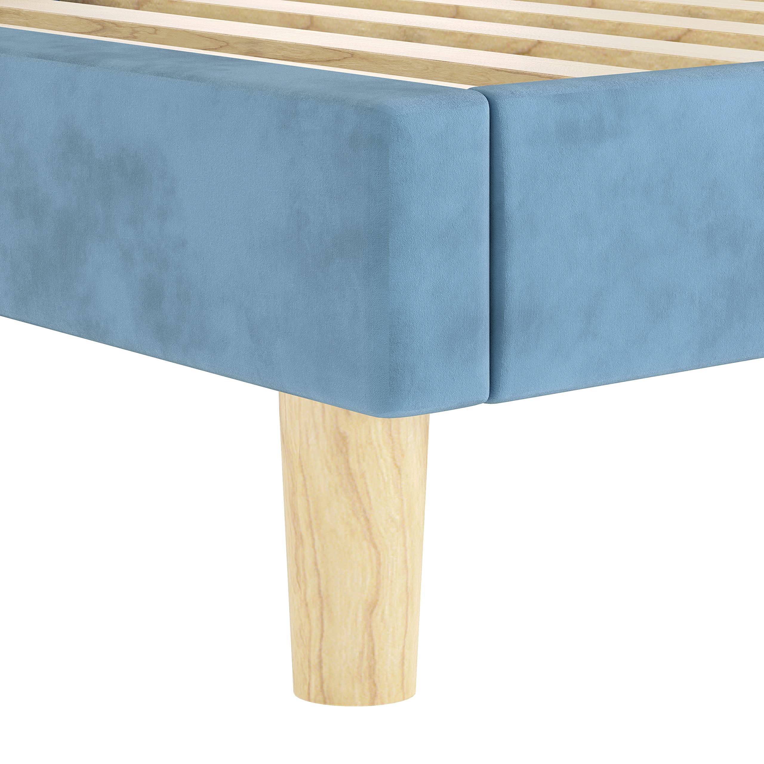 LIKIMIO Twin Bed Frames, Velvet Upholstered Platform Bed Frame with Headboard and Strong Wooden Slats, No Box Spring Needed/Noise-Free/Easy Assembly, Light Blue