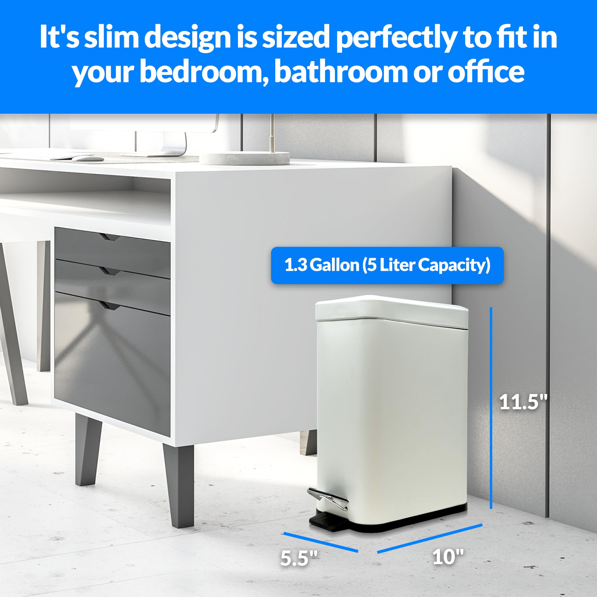 Reli. Small Trash Can with Lid, 1.3 Gallon (5 Liter) | Stainless Steel (White) | Small Bathroom Trash Can | Step Pedal Garbage Bin with Removable Bucket, Kitchen | Rectangular Metal Bin