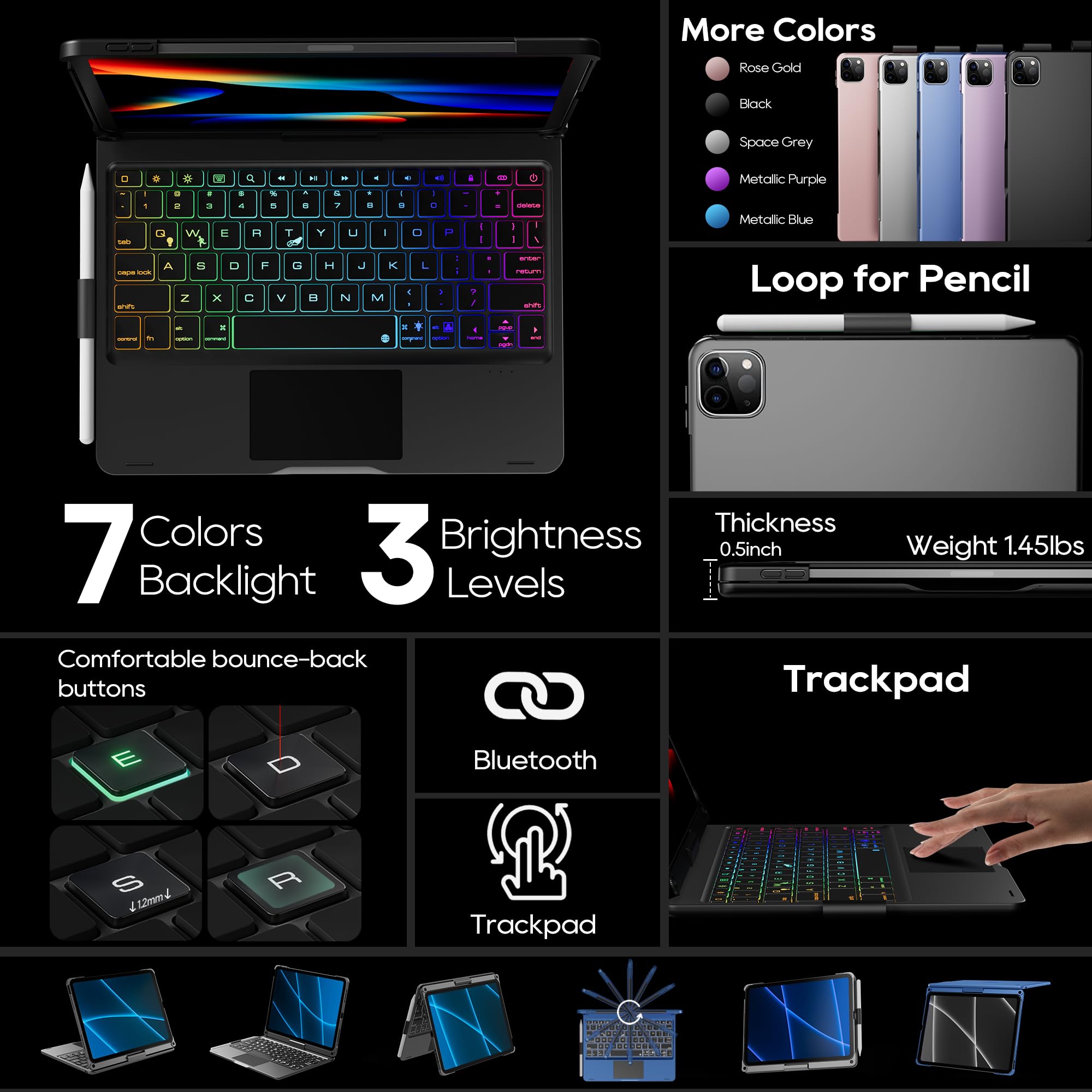 pekarejue Wireless Keyboard Case for Apple iPad Air 11-inch M2 2024 & iPad Air 5th 4th & iPad Pro 11 (4th,3rd,2nd,1st Generation): 360° Rotatable, Pencil Holder, Trackpad, Backlight, Graphite