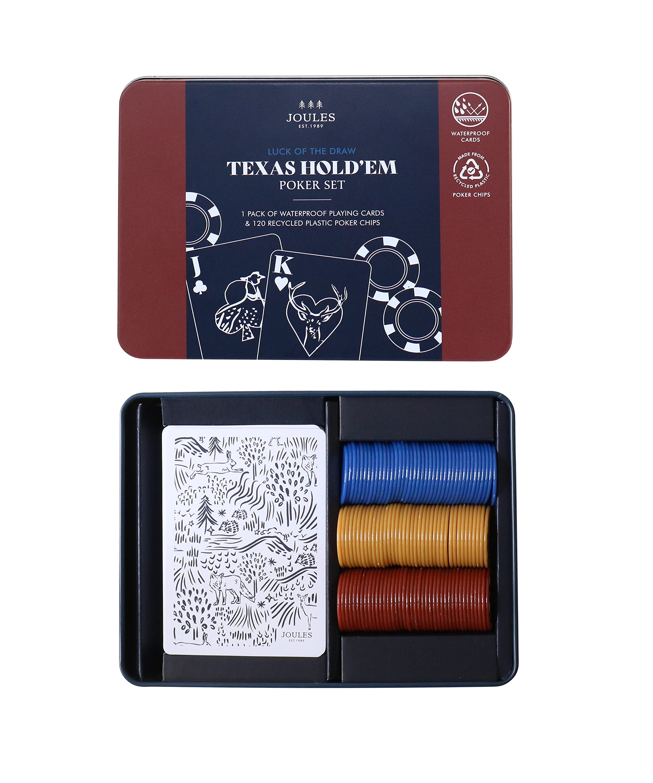Joules Texas Hold'em Travel Poker Set in Keepsake Tin Includes Pack of 52 Waterproof Playing Cards and 120 Recycled Plastic Poker Chips