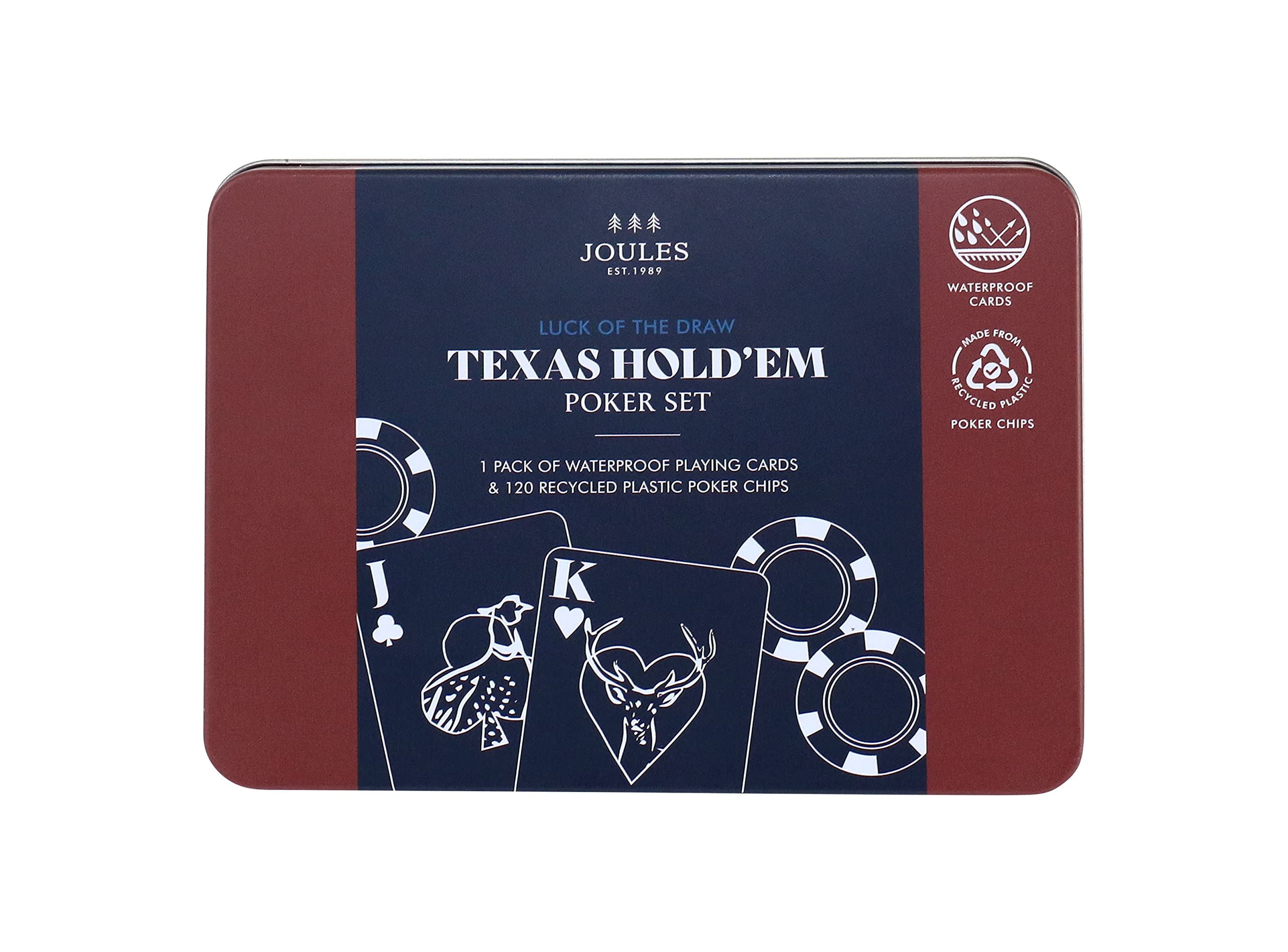 Joules Texas Hold'em Travel Poker Set in Keepsake Tin Includes Pack of 52 Waterproof Playing Cards and 120 Recycled Plastic Poker Chips