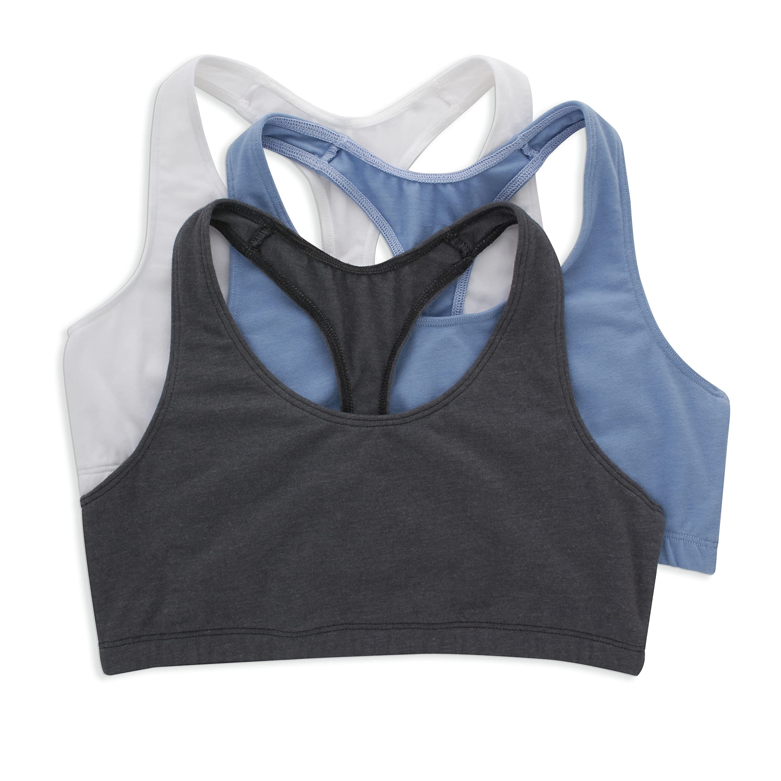 Hanes Women's Racerback Bralette Pack, Low Impact Sports Bra, Solid or Assorted, 3-Pack, White/Denim Jacket/Sky Grey Heather
