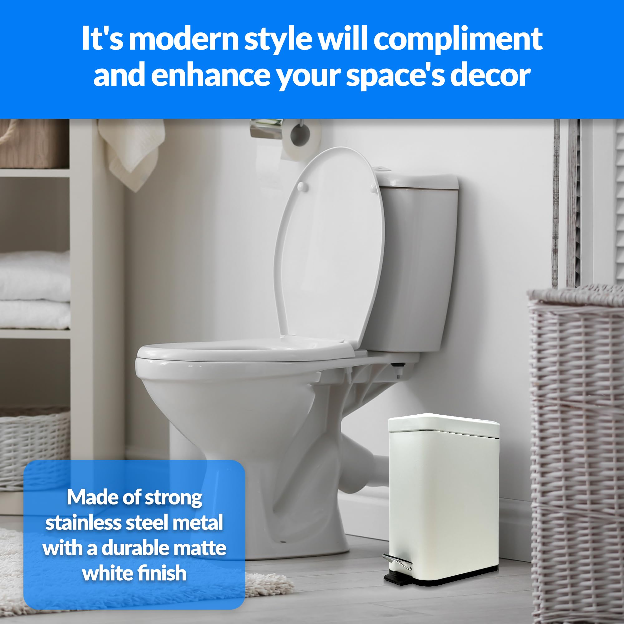 Reli. Small Trash Can with Lid, 1.3 Gallon (5 Liter) | Stainless Steel (White) | Small Bathroom Trash Can | Step Pedal Garbage Bin with Removable Bucket, Kitchen | Rectangular Metal Bin