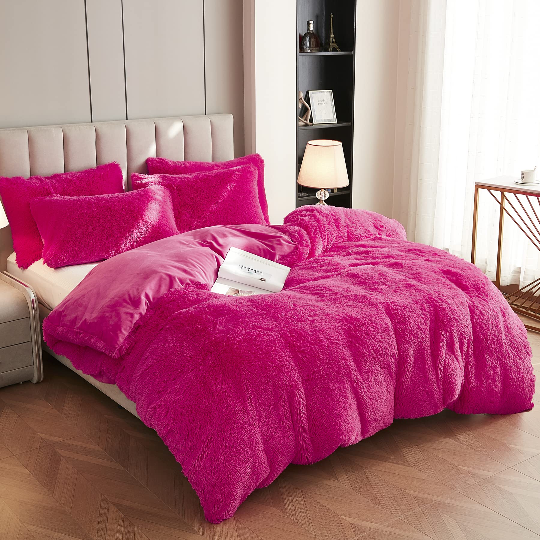 Uhamho Luxury Fluffy 1PC Solid Duvet Cover Faux Fur Plush Shaggy Quilt Cover Velvet Bedspread Zipper Closure, No Pillow Sham, No Comforter (Hot Pink, Queen)