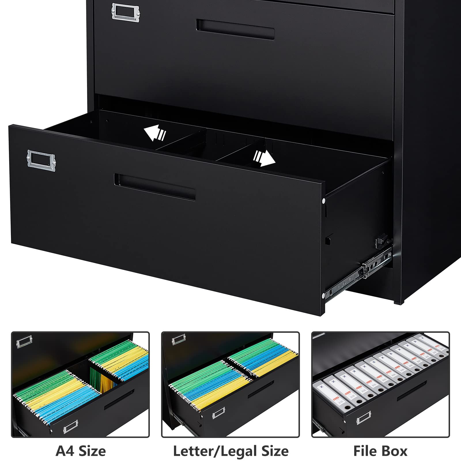 LISSIMO Lateral File Cabinet, 2 Drawer Metal Filing Cabinet with Lock, Home Office Storage for A4, Letter Size, Hanging File Folders(Black)
