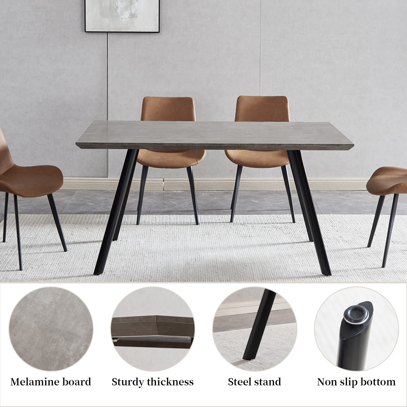ZckyCine Modern Rectangular Wood Dining Table Set Concrete-Color Tabletop with Sturdy Metal Legs and 6 Soft Upholstered Chairs - Comfortably Seats 6