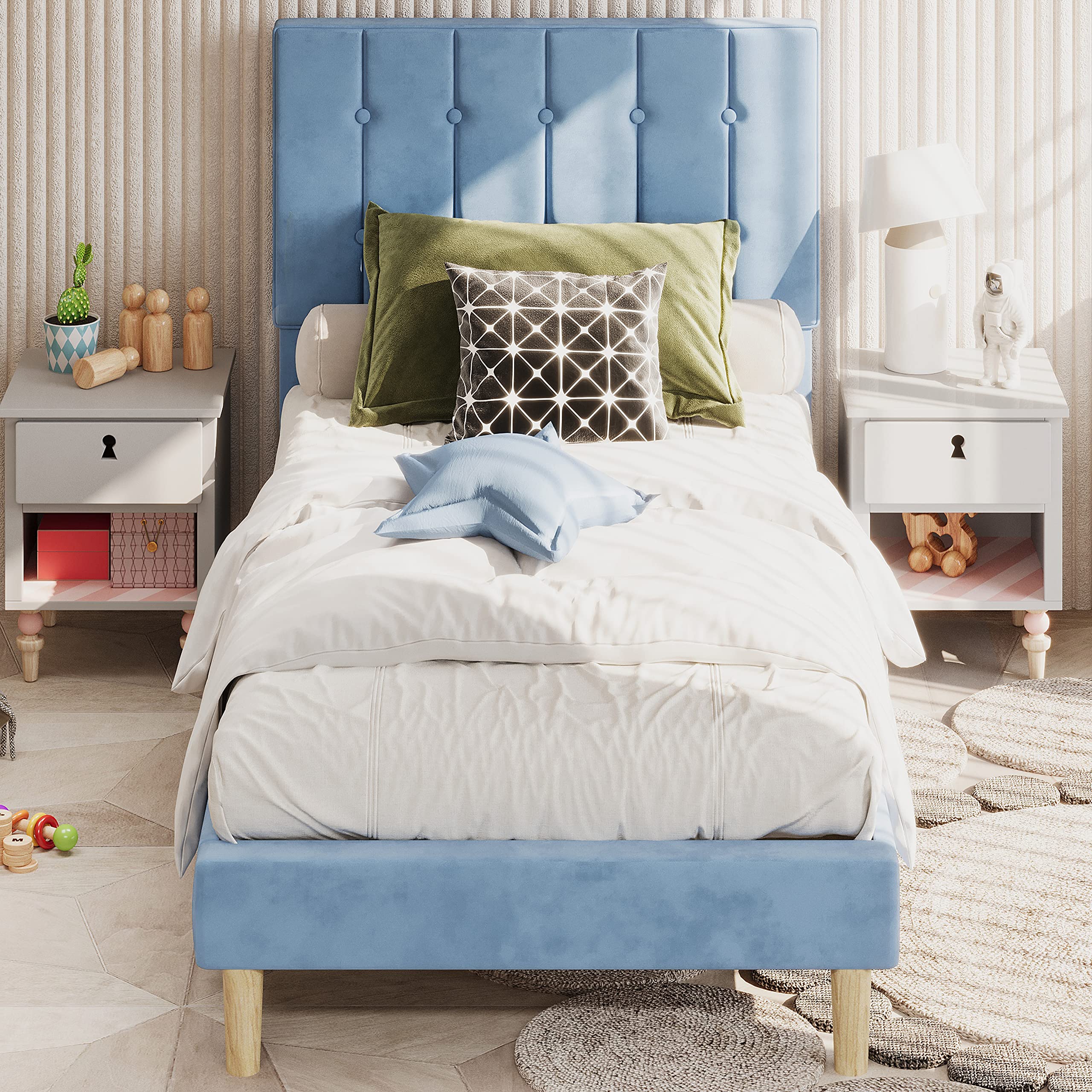 LIKIMIO Twin Bed Frames, Velvet Upholstered Platform Bed Frame with Headboard and Strong Wooden Slats, No Box Spring Needed/Noise-Free/Easy Assembly, Light Blue