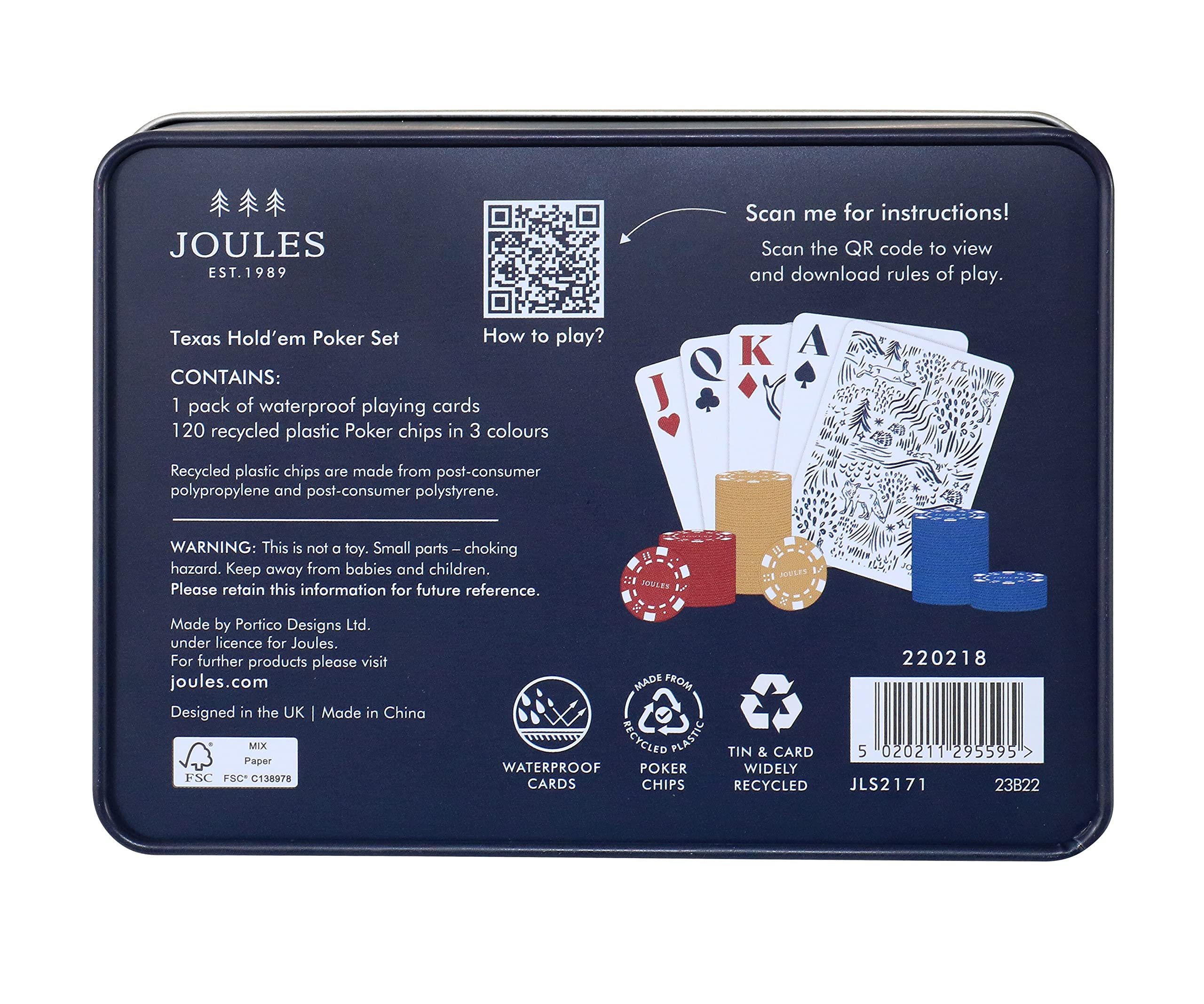 Joules Texas Hold'em Travel Poker Set in Keepsake Tin Includes Pack of 52 Waterproof Playing Cards and 120 Recycled Plastic Poker Chips