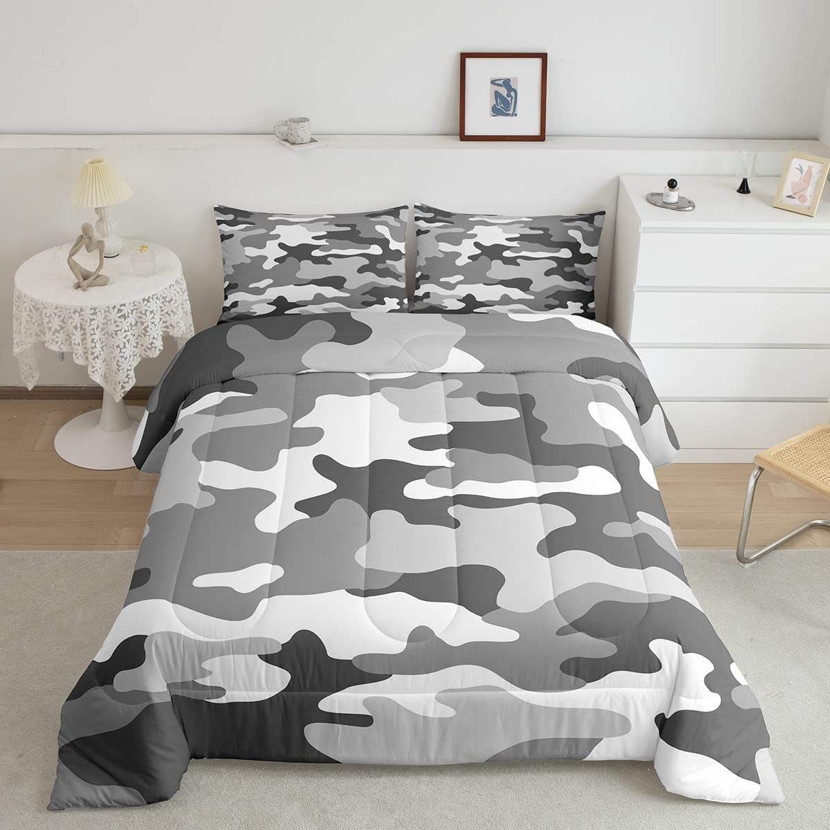 Homewish Boys Kids Camouflage Comforter Set Twin Size Black White Grey Bedding Set 2pcs for Teens Men Bedroom Decor Army Camo Abstract Quilt Set Modern Duvet Insert with 1 Pillowcase