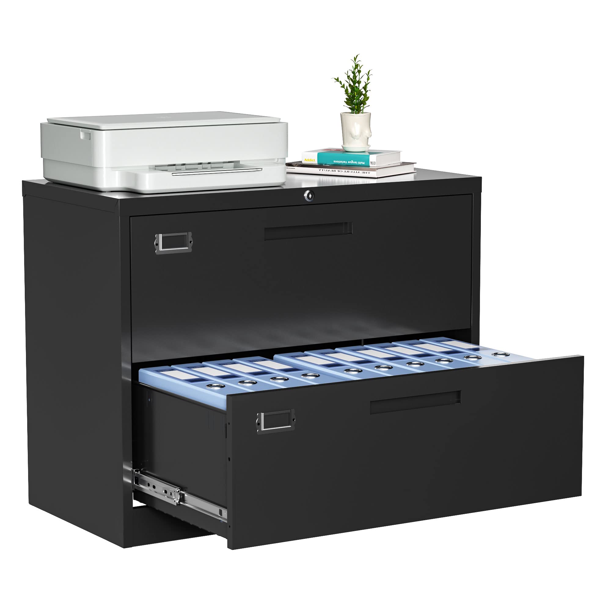 LISSIMO Lateral File Cabinet, 2 Drawer Metal Filing Cabinet with Lock, Home Office Storage for A4, Letter Size, Hanging File Folders(Black)