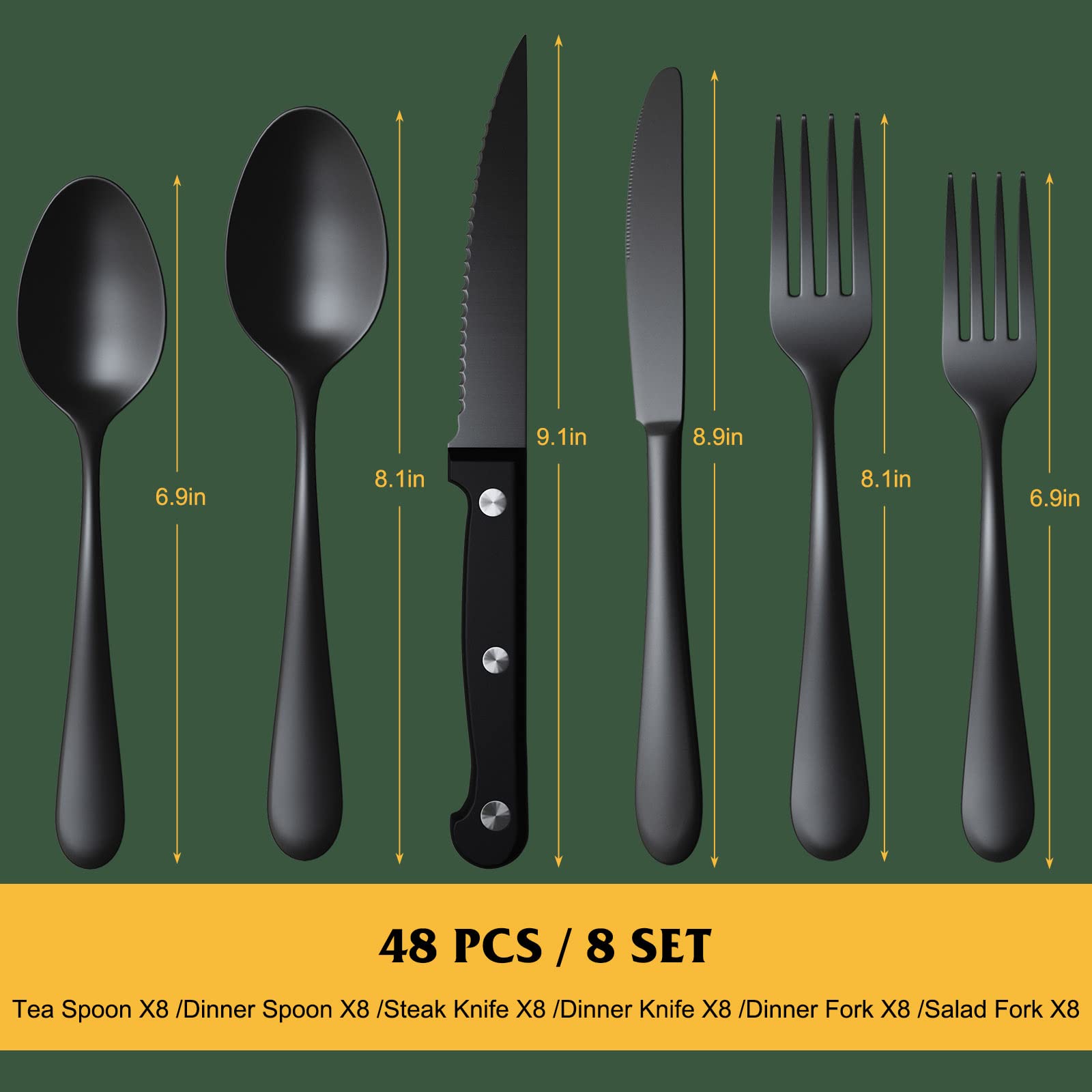 Moretoes 48-Piece Black Silverware Set, Stainless Steel Cutlery Set for 8, Mirror Polished Flatware Sets for Home and Restaurant, Include Knife Fork Spoon Set