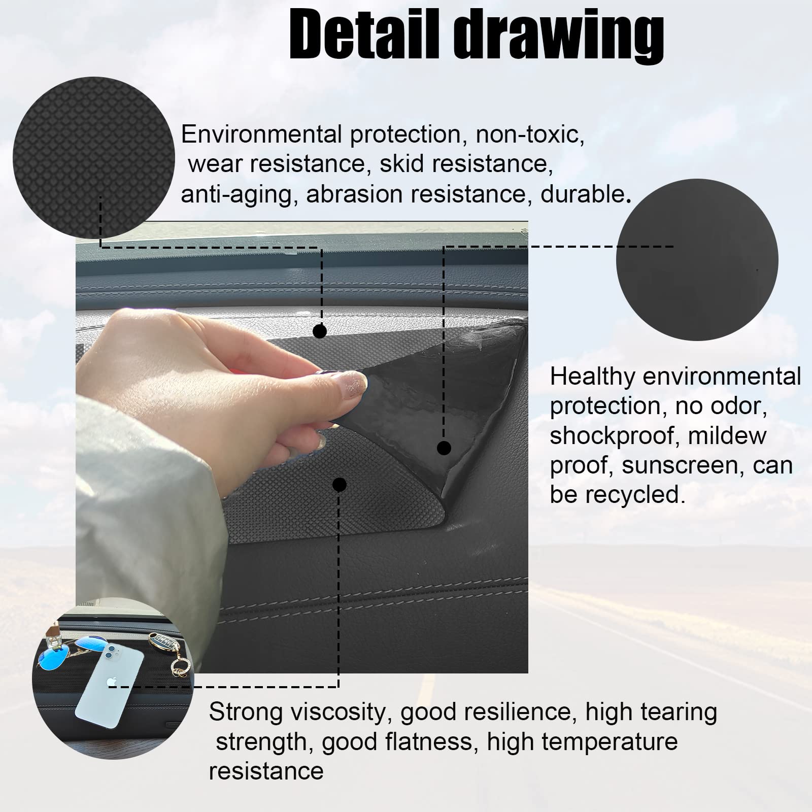 Car Dashboard Anti-Slip Rubber Pad, Two-Sided Super Sticky Dashboard Anti Slip, 10.6 x 5.9 Universal Non-Slip Car Dashboard Sticky Adhesive Mat for Cell Phones, Sunglasses, Keys More (Square /Black)