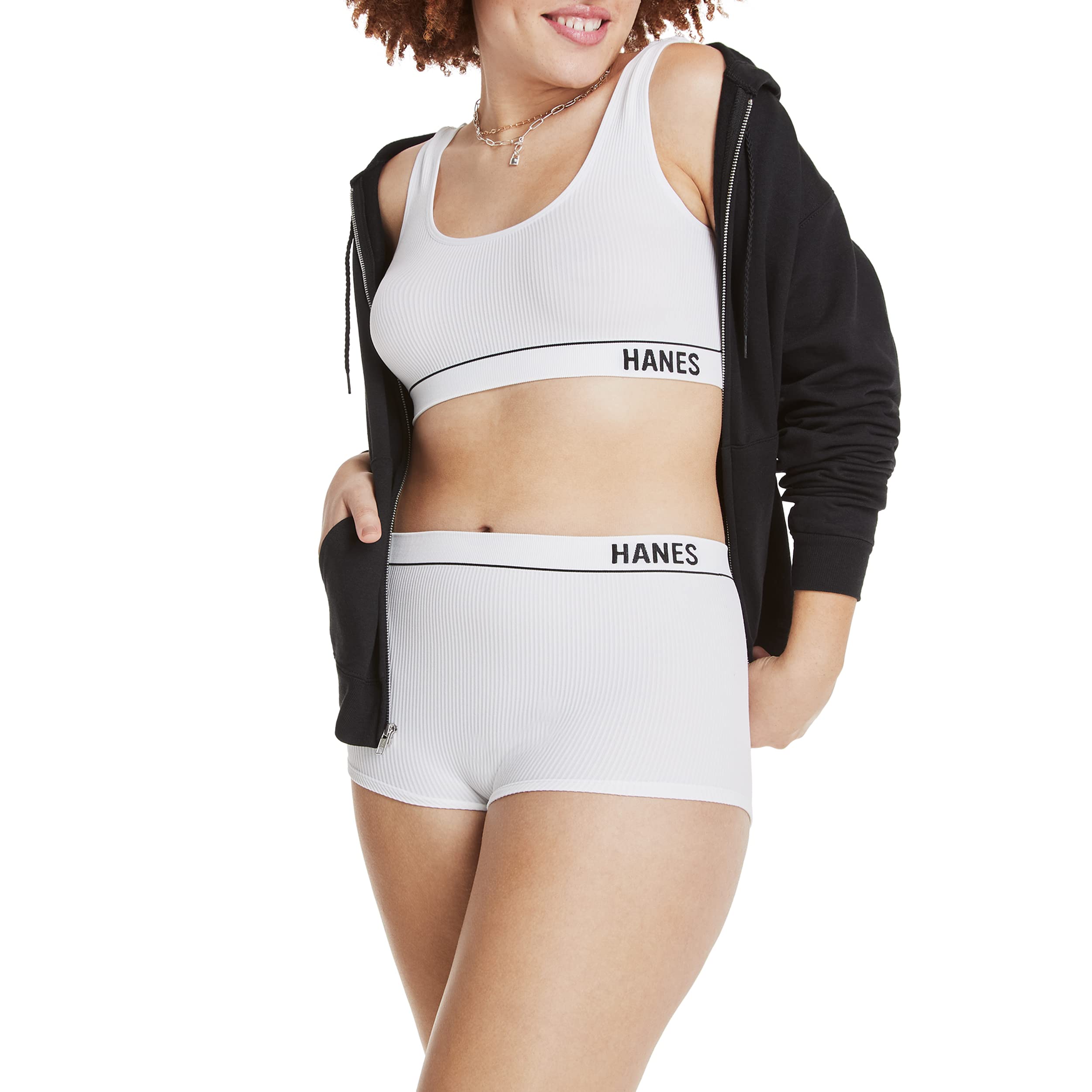 Hanes Women's Originals Seamless Rib Crop Bralette, Wireless Scoop Pullover Bra, ComfortFlex Fit, White, Medium