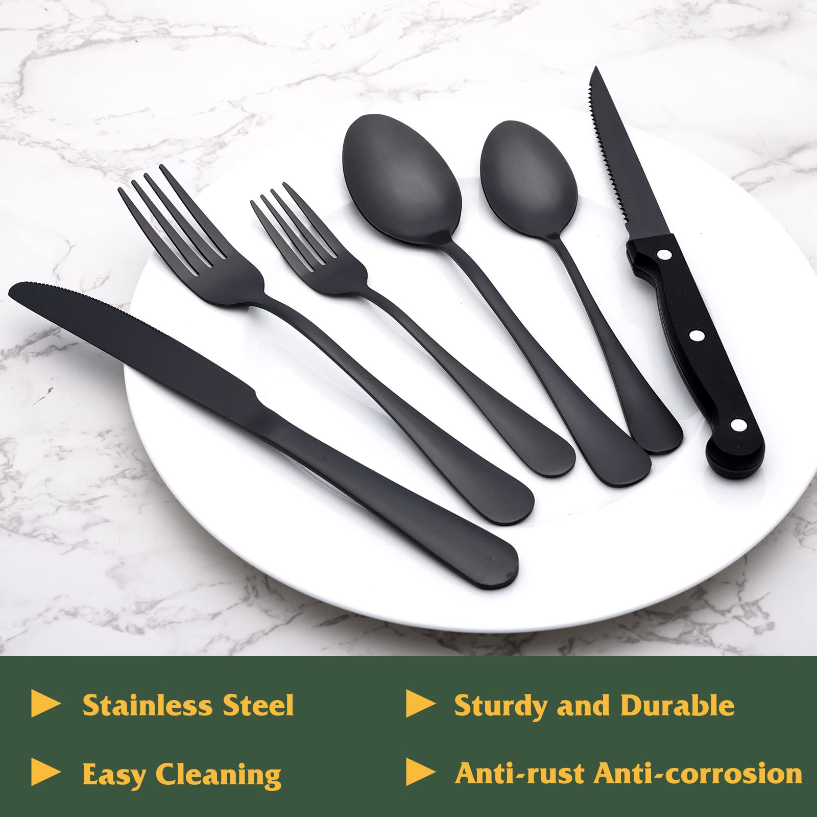 Moretoes 48-Piece Black Silverware Set, Stainless Steel Cutlery Set for 8, Mirror Polished Flatware Sets for Home and Restaurant, Include Knife Fork Spoon Set