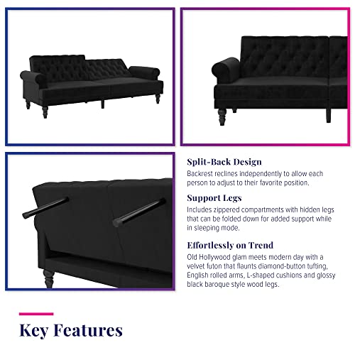 Novogratz Cassidy Upholstered Futon, Black Velvet